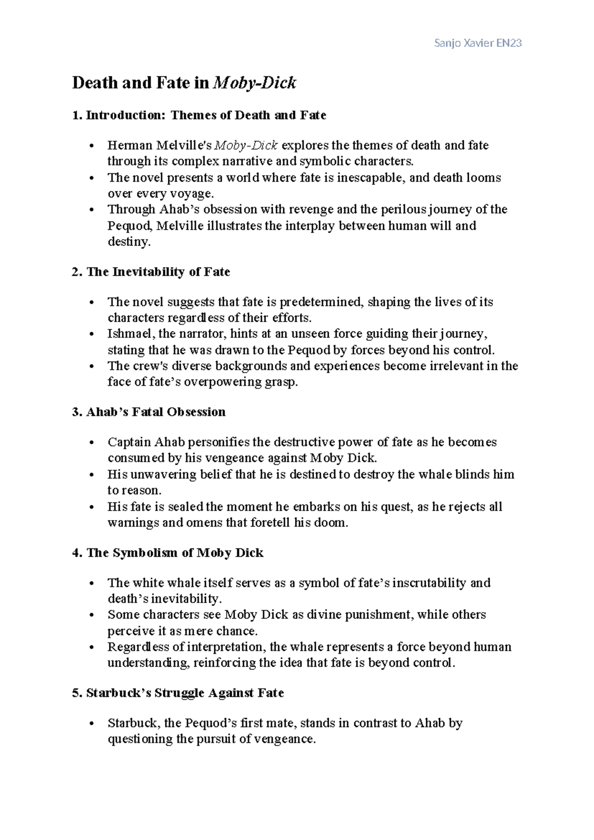 Sanjo Xavier EN23 Essay Notes on Death and Fate in Moby Dick - Studocu