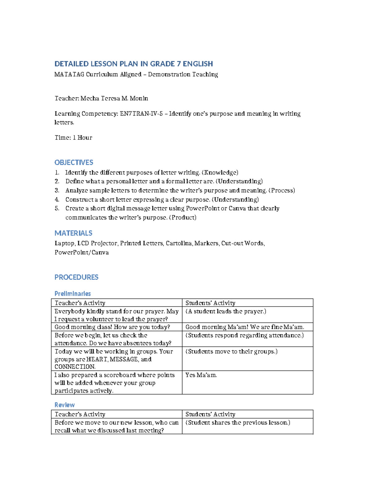 Complete Demo Lesson Plan: Letter Writing EN7TRAN IV - Studocu