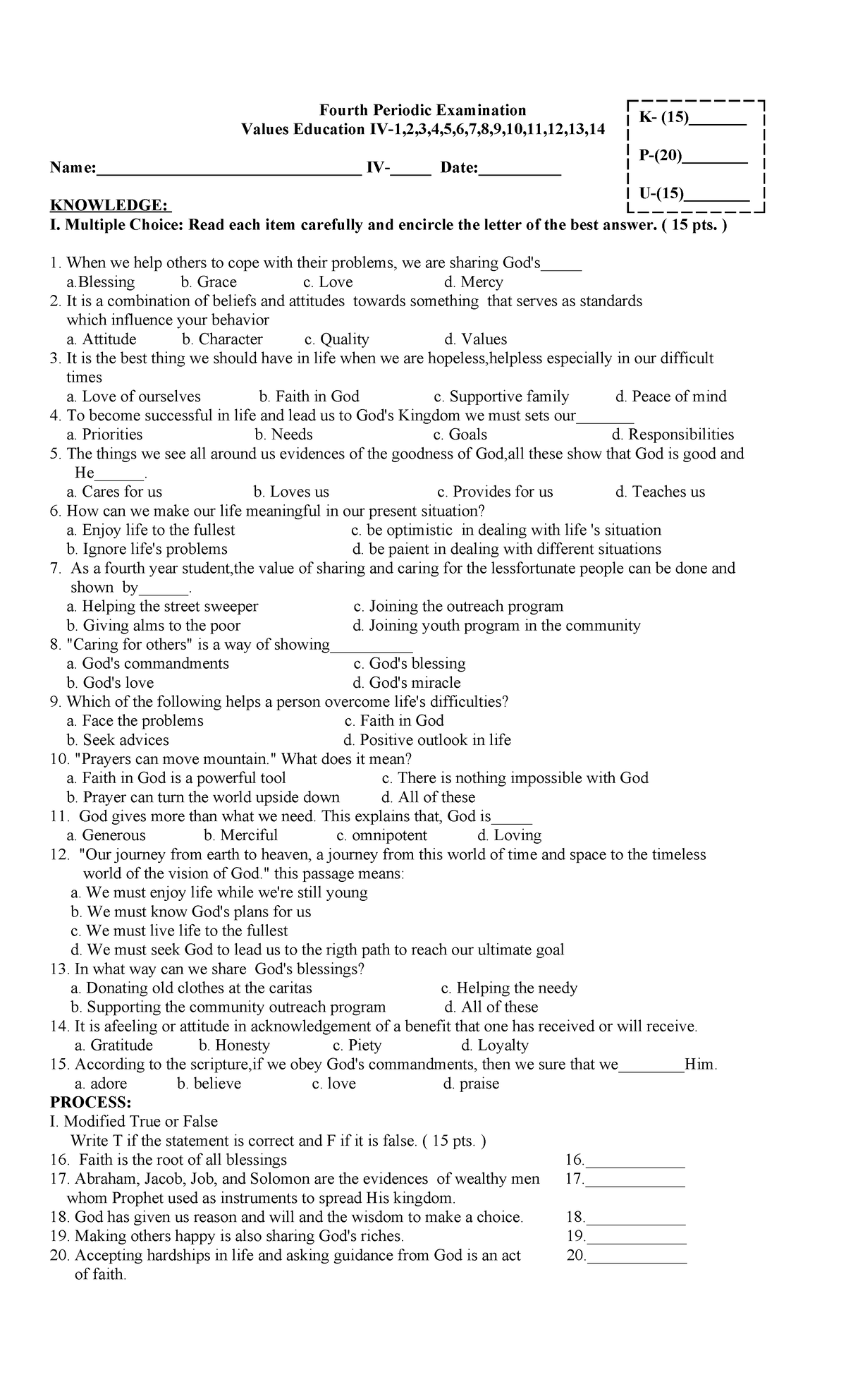 Values Education 4th Year Final Exam: Multiple Choice & True/False ...
