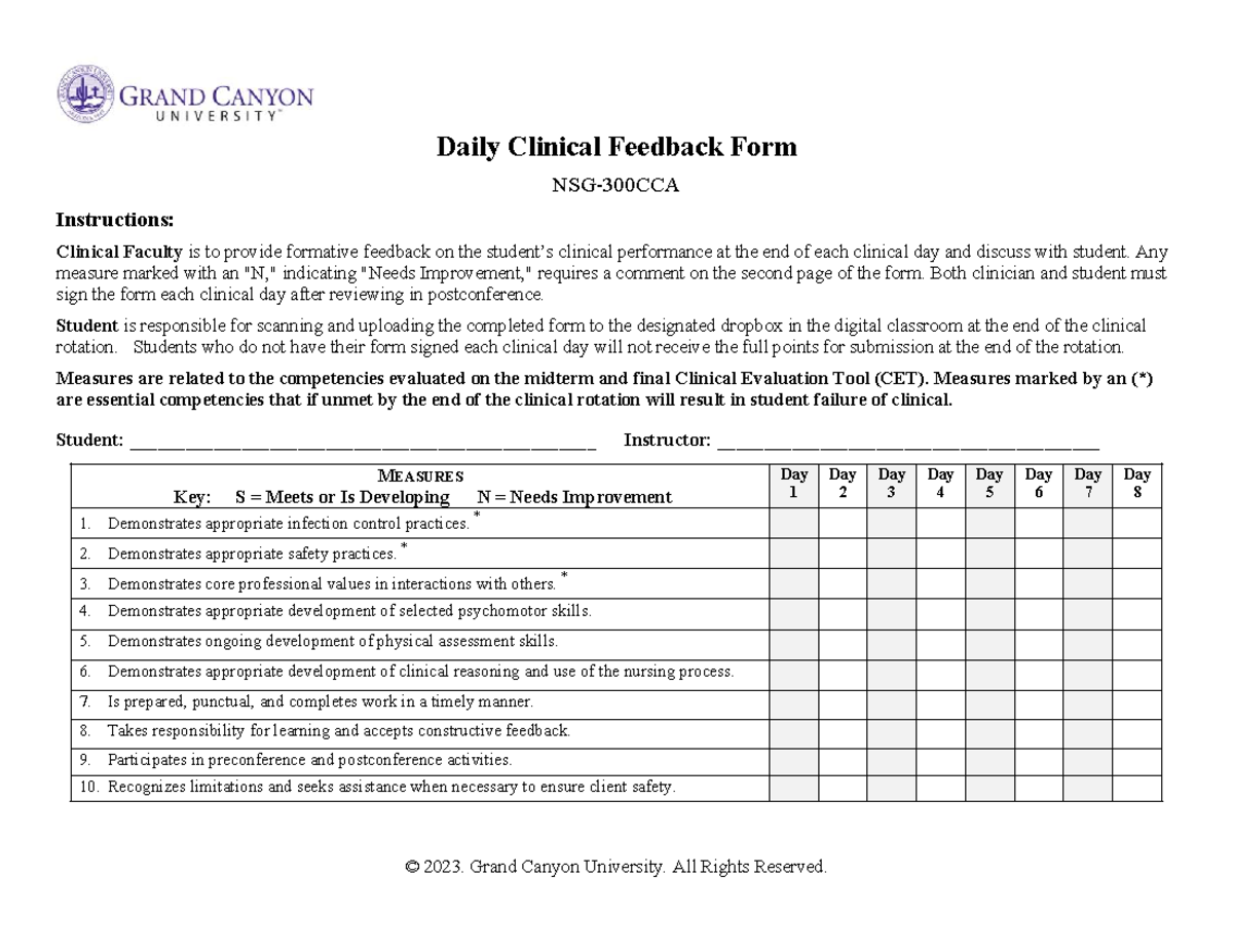 NSG-300CCA-RS Daily Clinical Feedback Form Instructions - Studocu