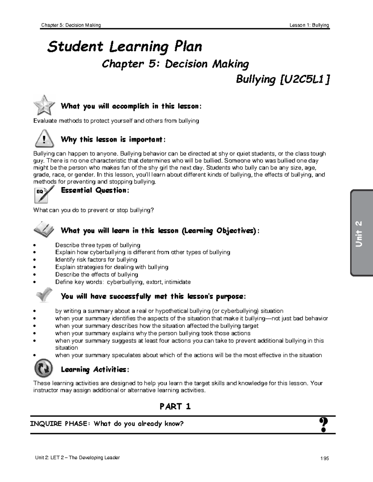 LET 2 Bullying w Quick write and Reflection - Student Learning Plan ...