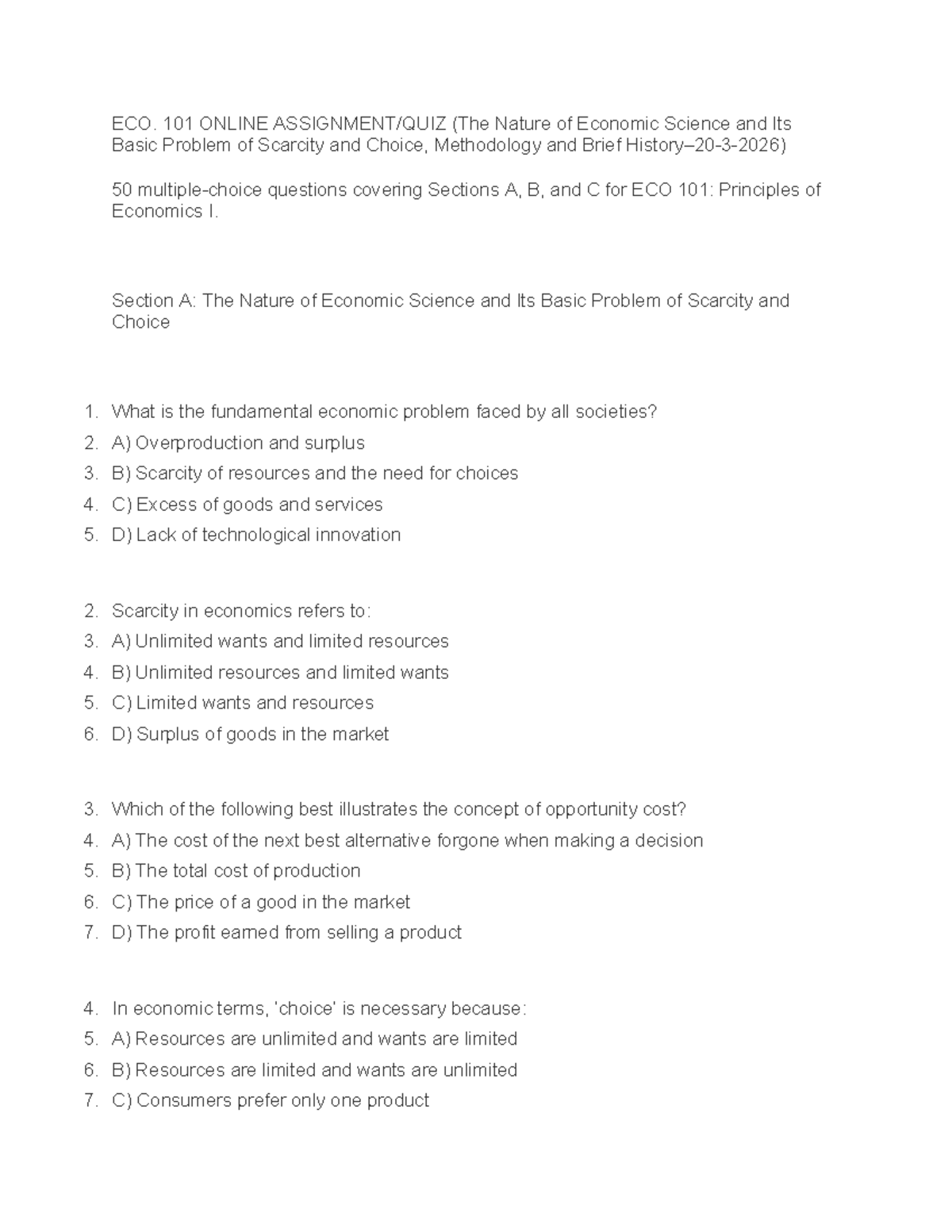 ECO 101 Online Quiz: Key Concepts and Answers on Economics - Studocu