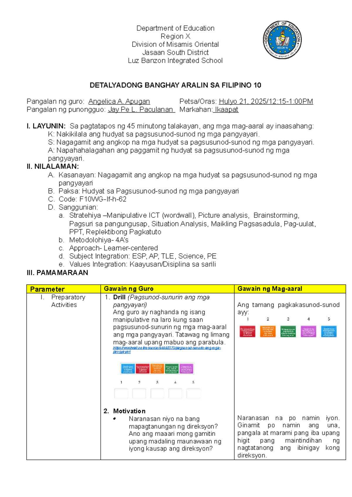 Pagsunod-Sunod ng mga Pangyayari: Lesson Plan sa FILIPINO 10 - Studocu