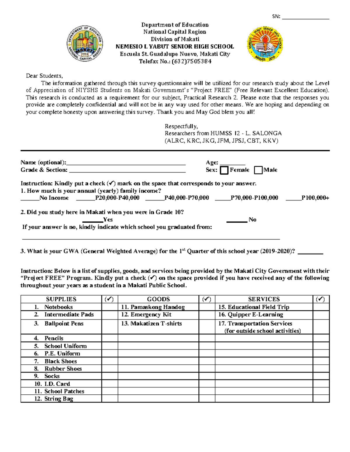 Sample Survey on Student Appreciation of Makati Education - PR2 - Studocu