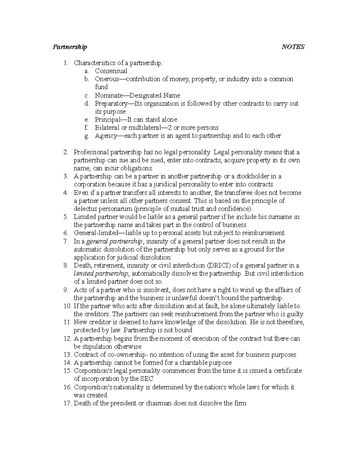 Partnership and Corporation - Summary Notes Review Material (Business ...