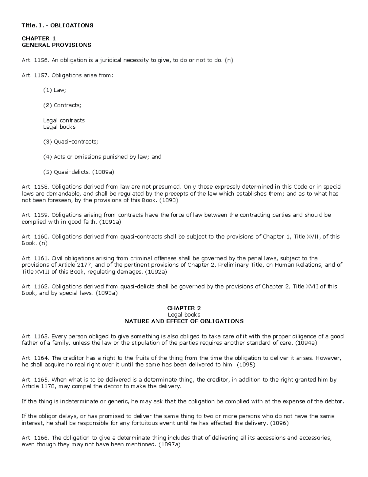 Obligations Law Notes: Articles 1156-1178 Overview - Studocu