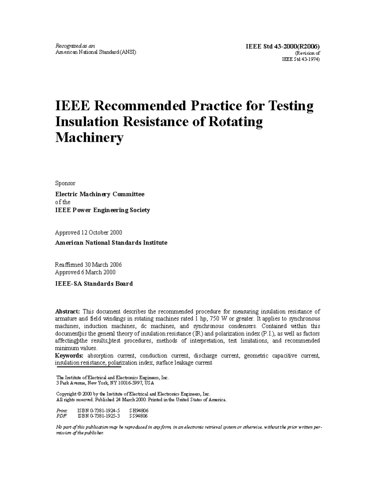 IEEE Std 43 - Recommended Practice for Testing Insulation Resistance of ...