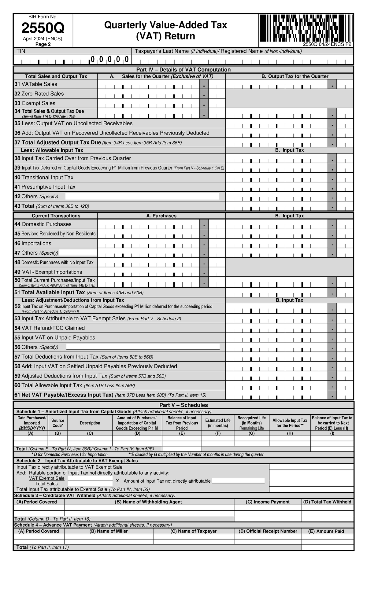 BIR Form 2550Q Quarterly VAT Return - Page 2 (April 2024) - Studocu