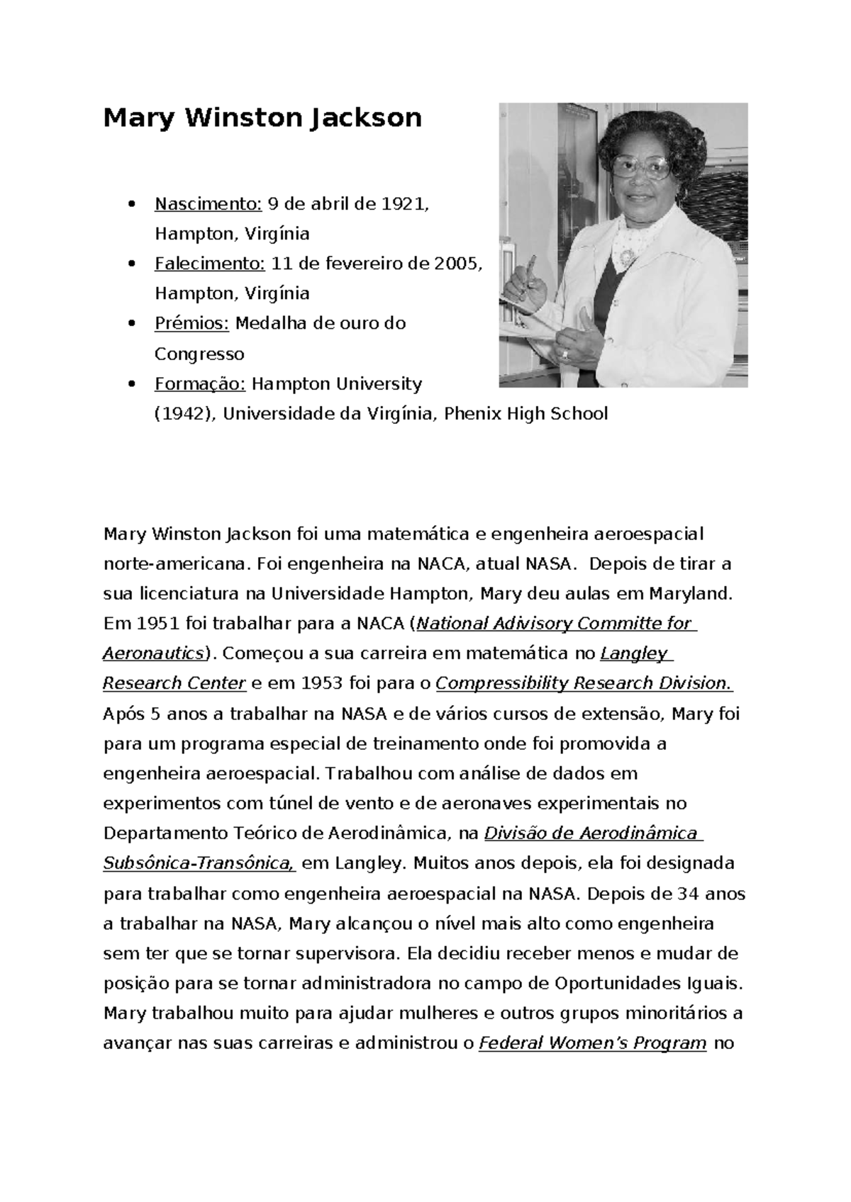 Mary Jackson - trabalho escolar - Mary Winston Jackson Nascimento: 9 de ...