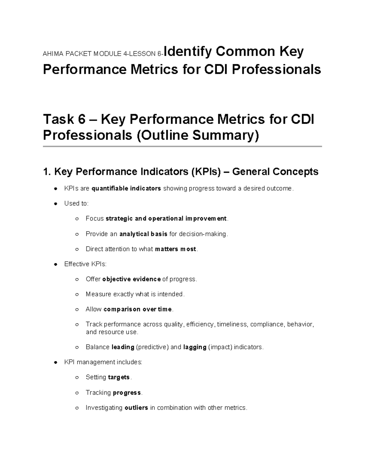 AHIMA MODULE 4 LESSON 6: Key Performance Metrics for CDI Professionals ...
