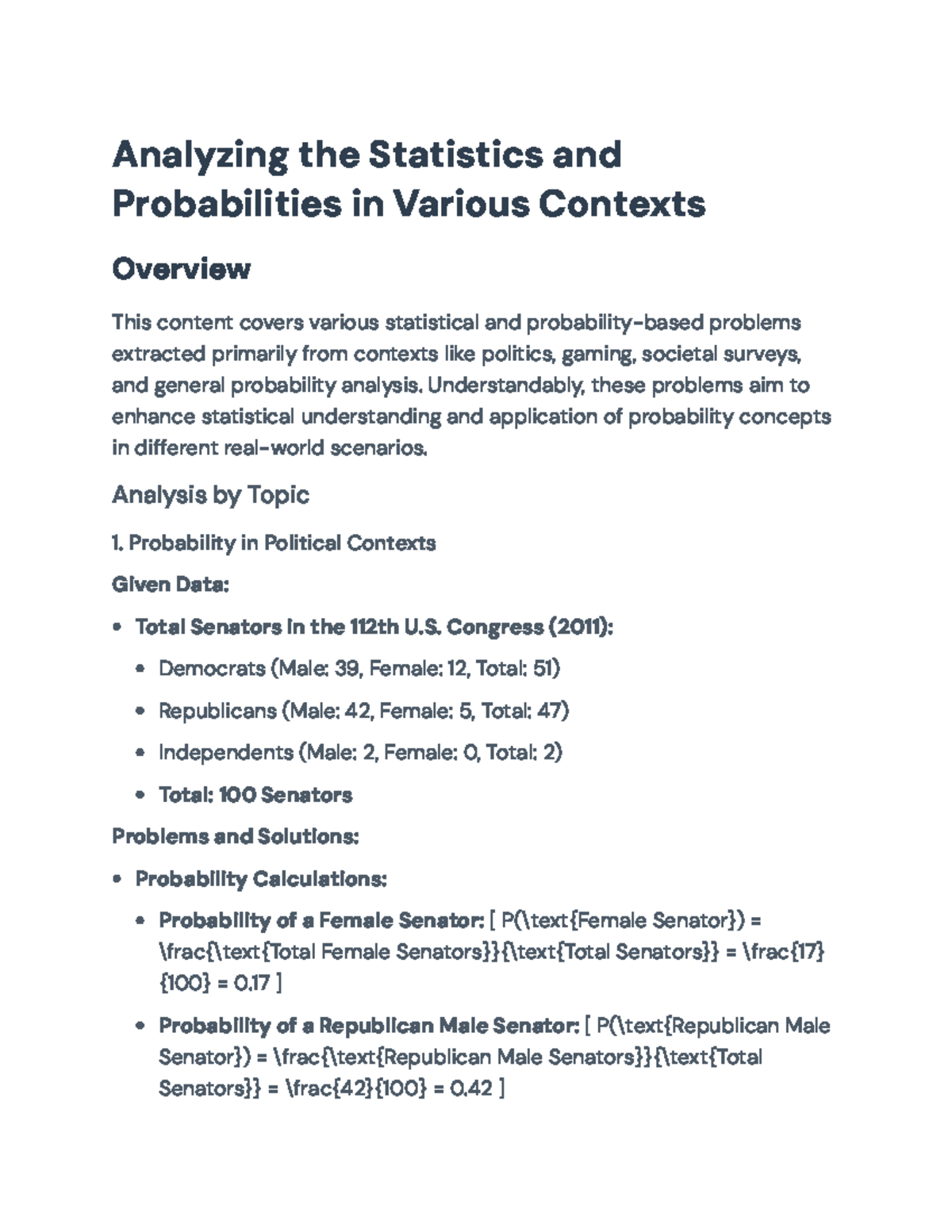 Probability Analysis in Political, Societal, and Gaming Contexts ...