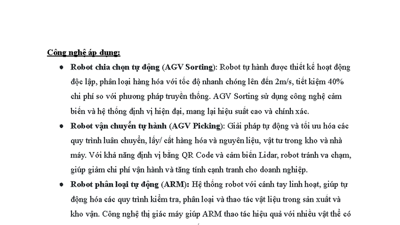Quy trình - quy trình - Công nghệ áp dụng: Robot chia chọn tự động (AGV ...