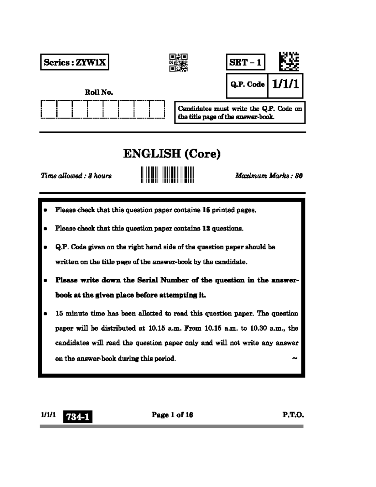 English (Core) Exam Paper: ZYW1X Set 1 - 3 Hours, 80 Marks - Studocu