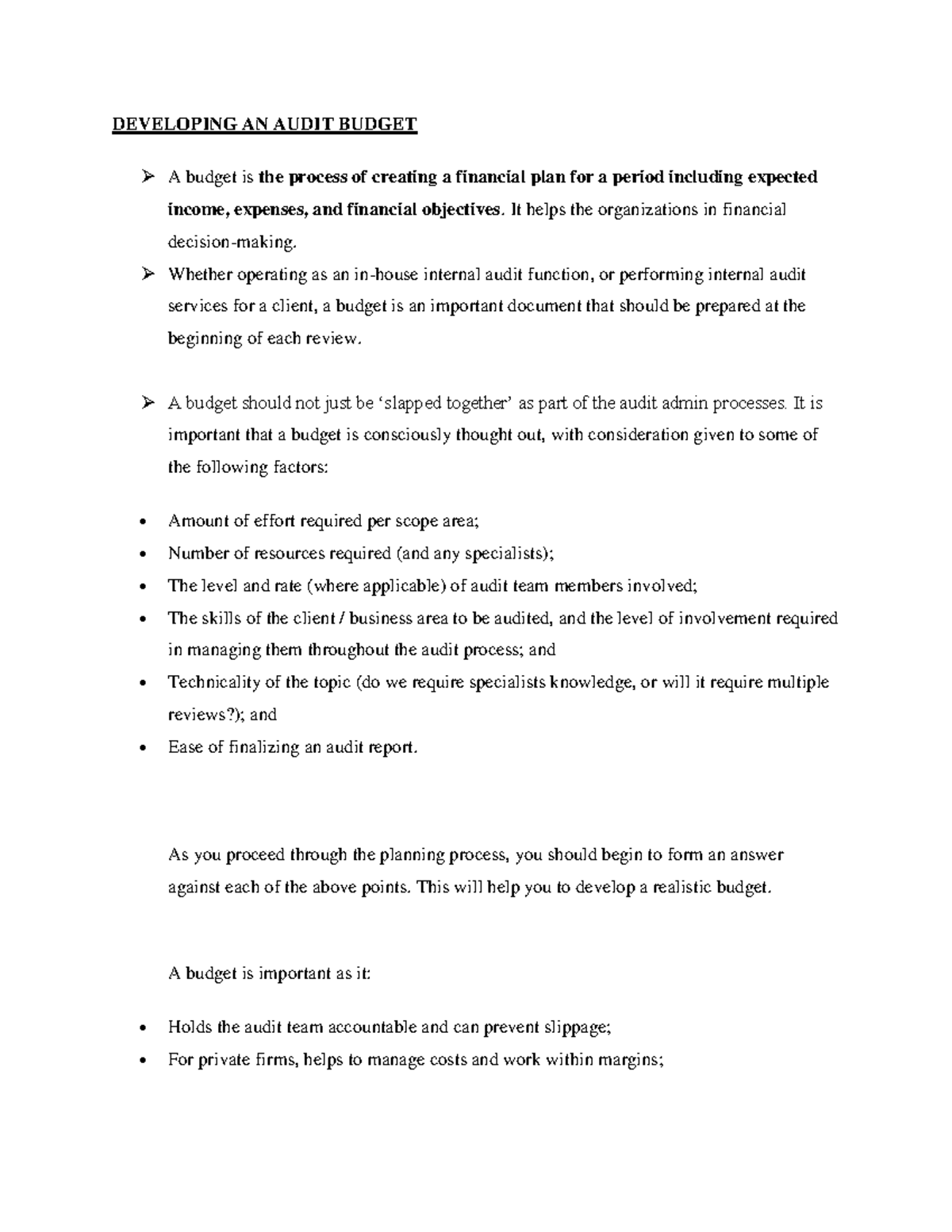 Developing an Audit Budget: Key Factors and Important Processes - Studocu