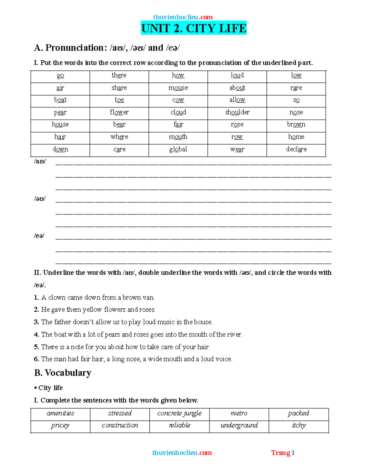 Unit 2: City Life - Pronunciation, Vocabulary, and Grammar Exercises ...