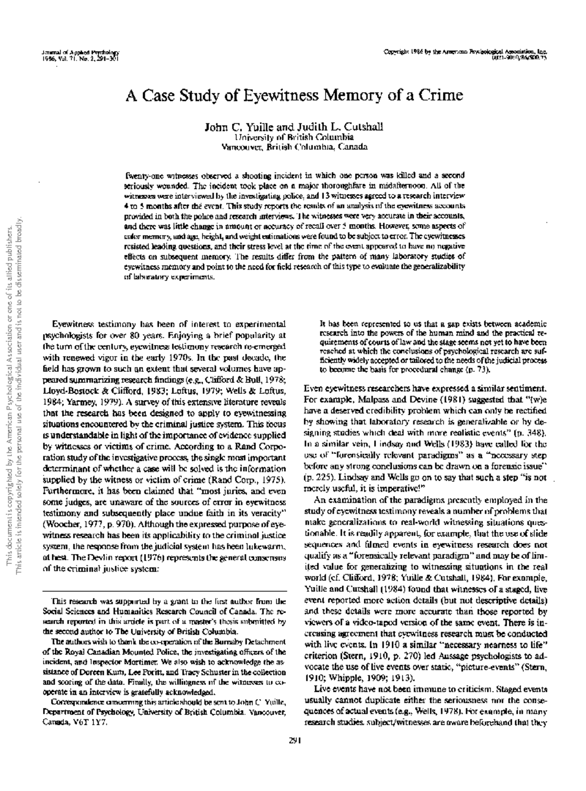 Case Study: Eyewitness Memory Analysis - Yuille & Cutshall 1986 - Studocu