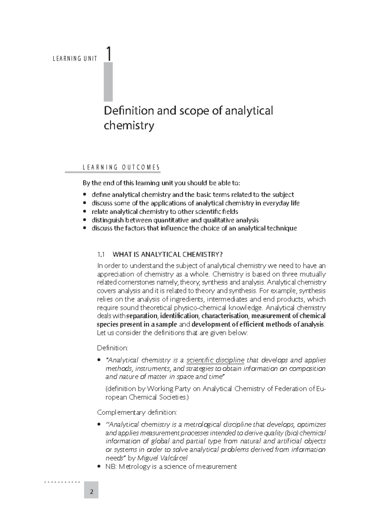 Learning Unit 1: Definition & Scope of Analytical Chemistry - Studocu
