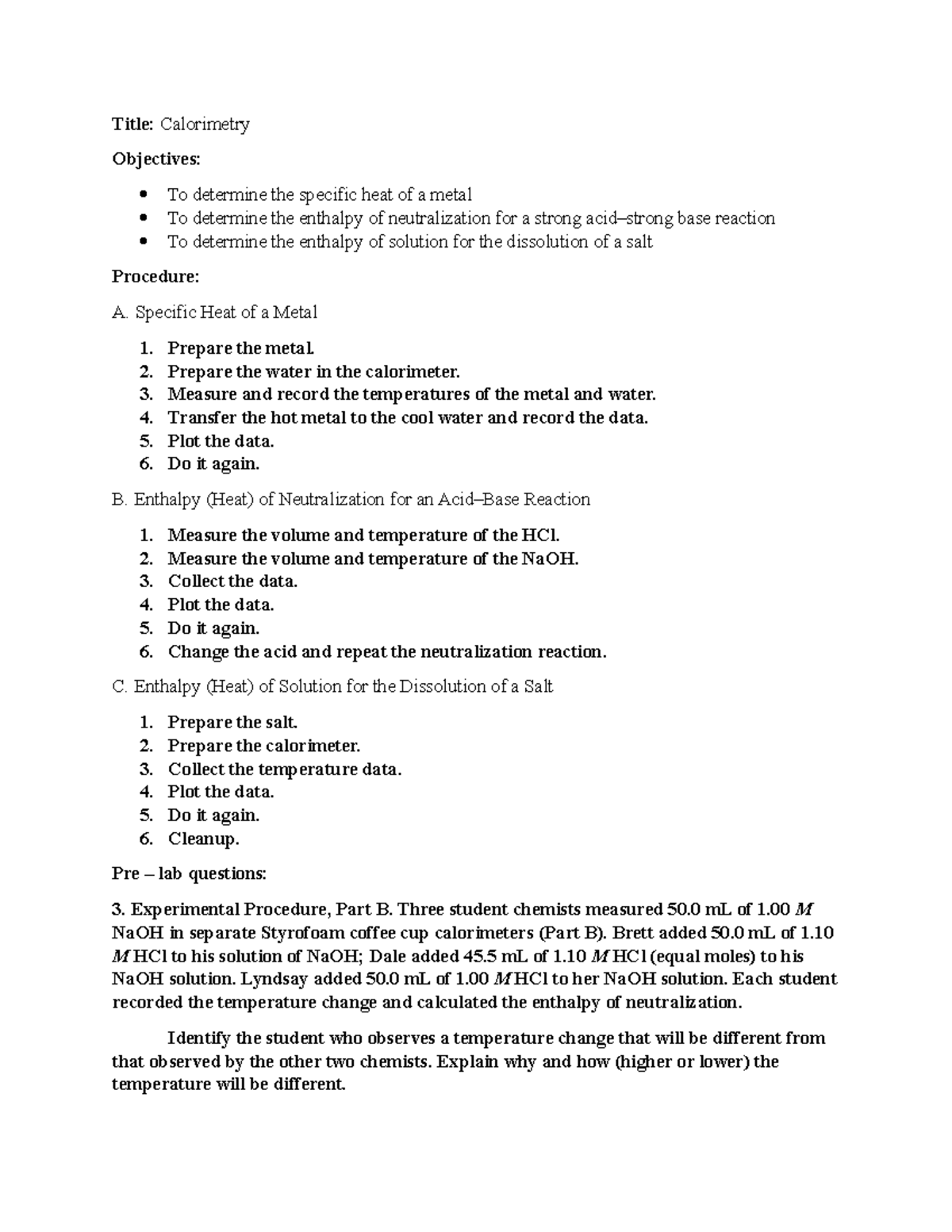 Experiment 25 - Pre-lab Questions on Calorimetry Techniques - Studocu