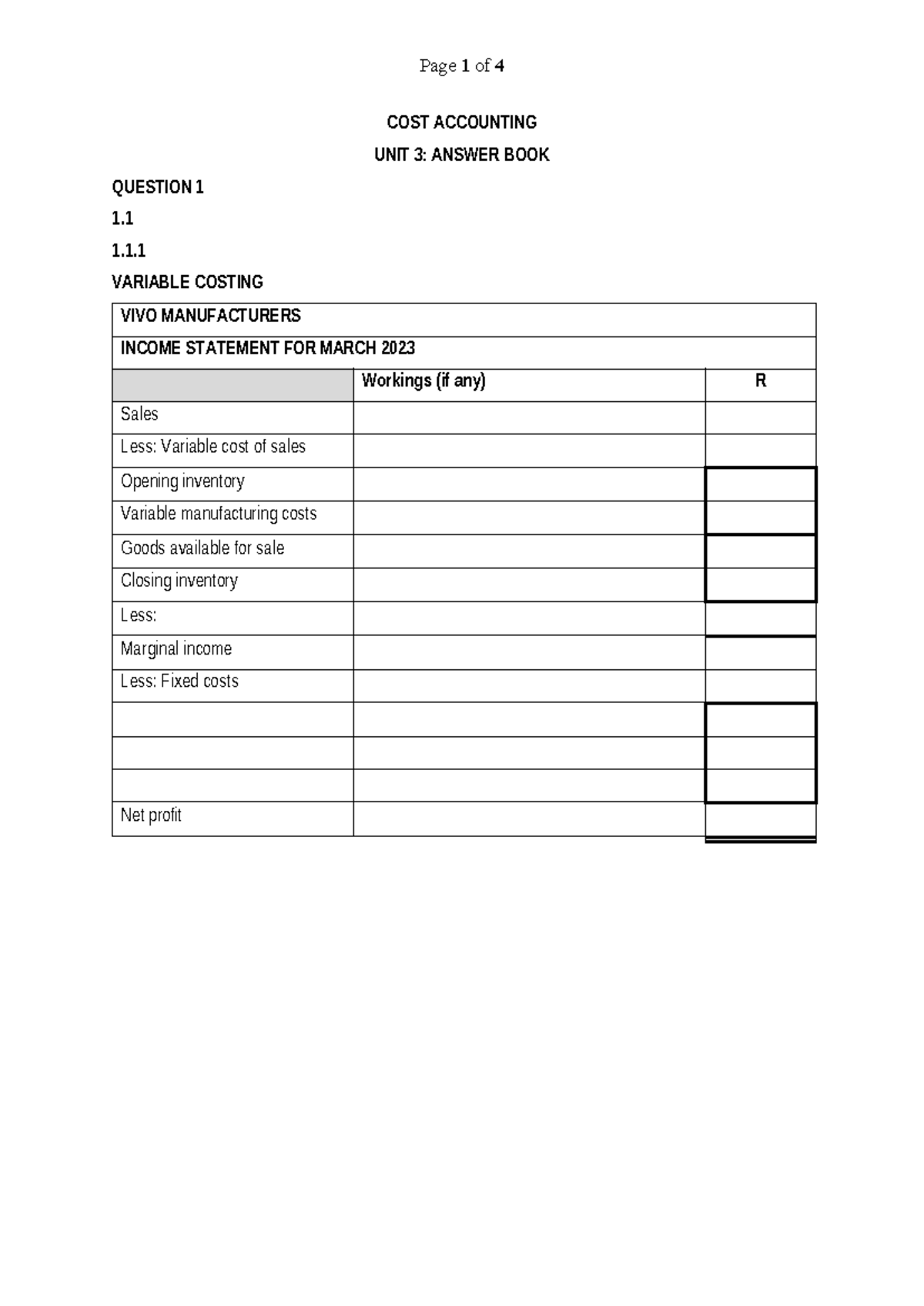 COST ACC UNIT 3 Variable & Absorption Costing Answer Guide - Studocu