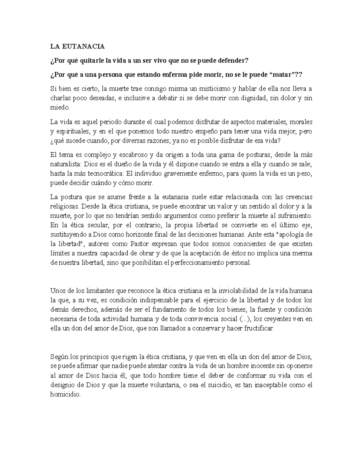 LA EUTANACIA: Reflexiones Éticas y Morales sobre la Muerte Digna - Studocu