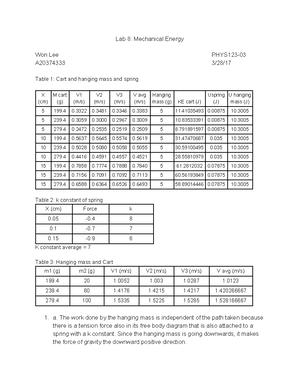 Lab07 - Lab Report - 1 Experiment # 7: Conservation of Energy Statement ...