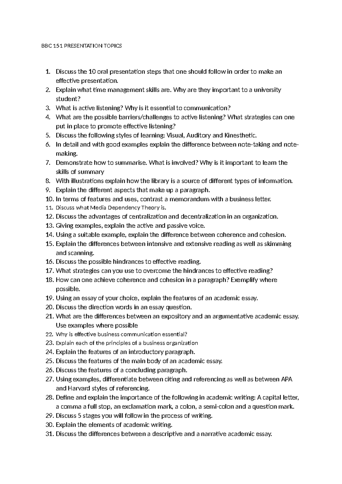 BBC 151 Presentation Topics and Effective Communication Strategies ...