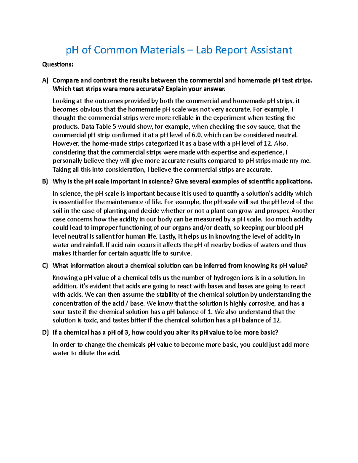 pH Lab Report: Analyzing Commercial vs. Homemade Strips - Studocu