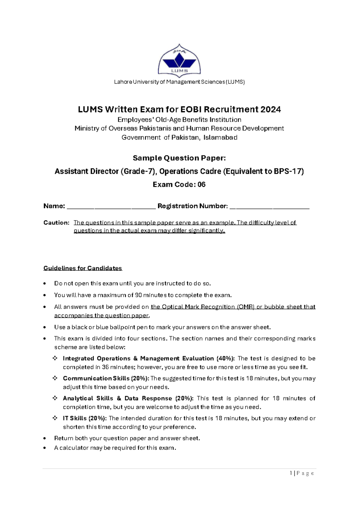 Sample Question Paper: Assistant Director Operations Exam (Cadre 2024 ...