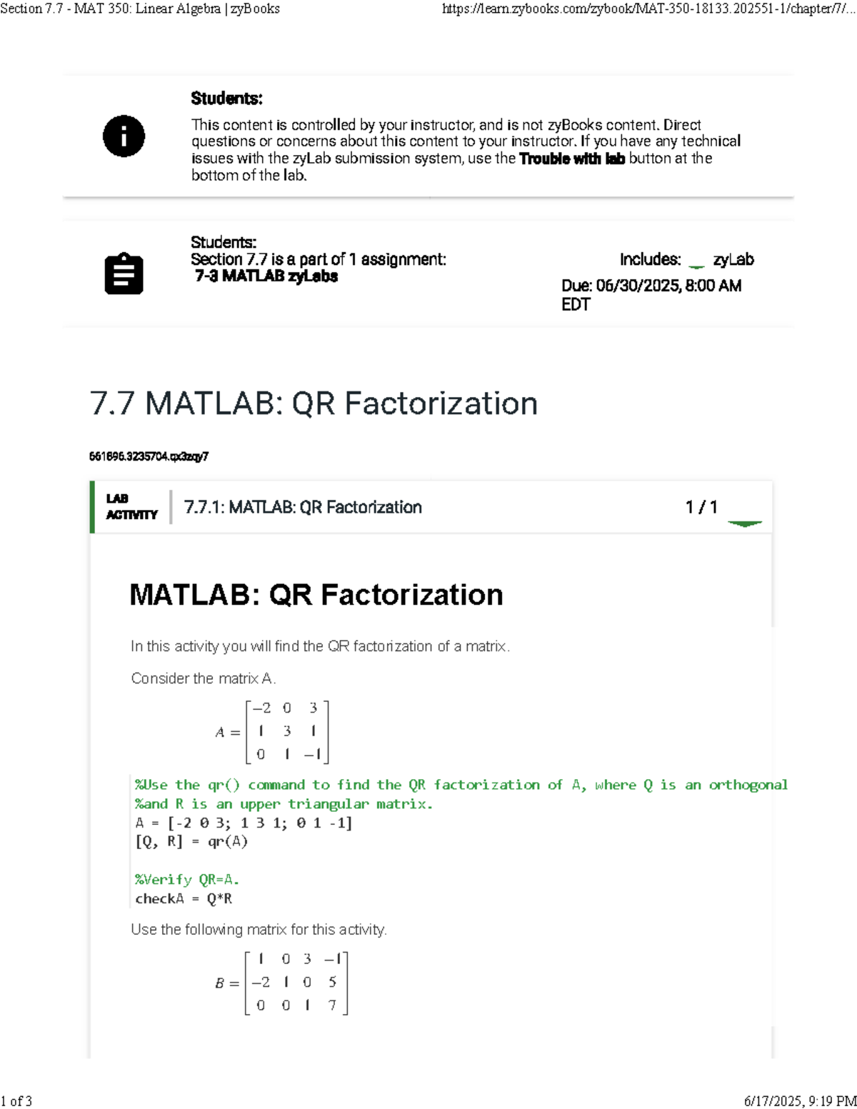 Section 7.7 MAT 350: Linear Algebra - MATLAB QR Factorization Guide ...