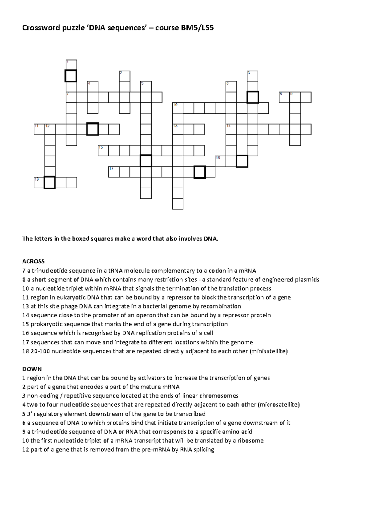Crossword Puzzle: DNA Sequences and Terminology - Studeersnel