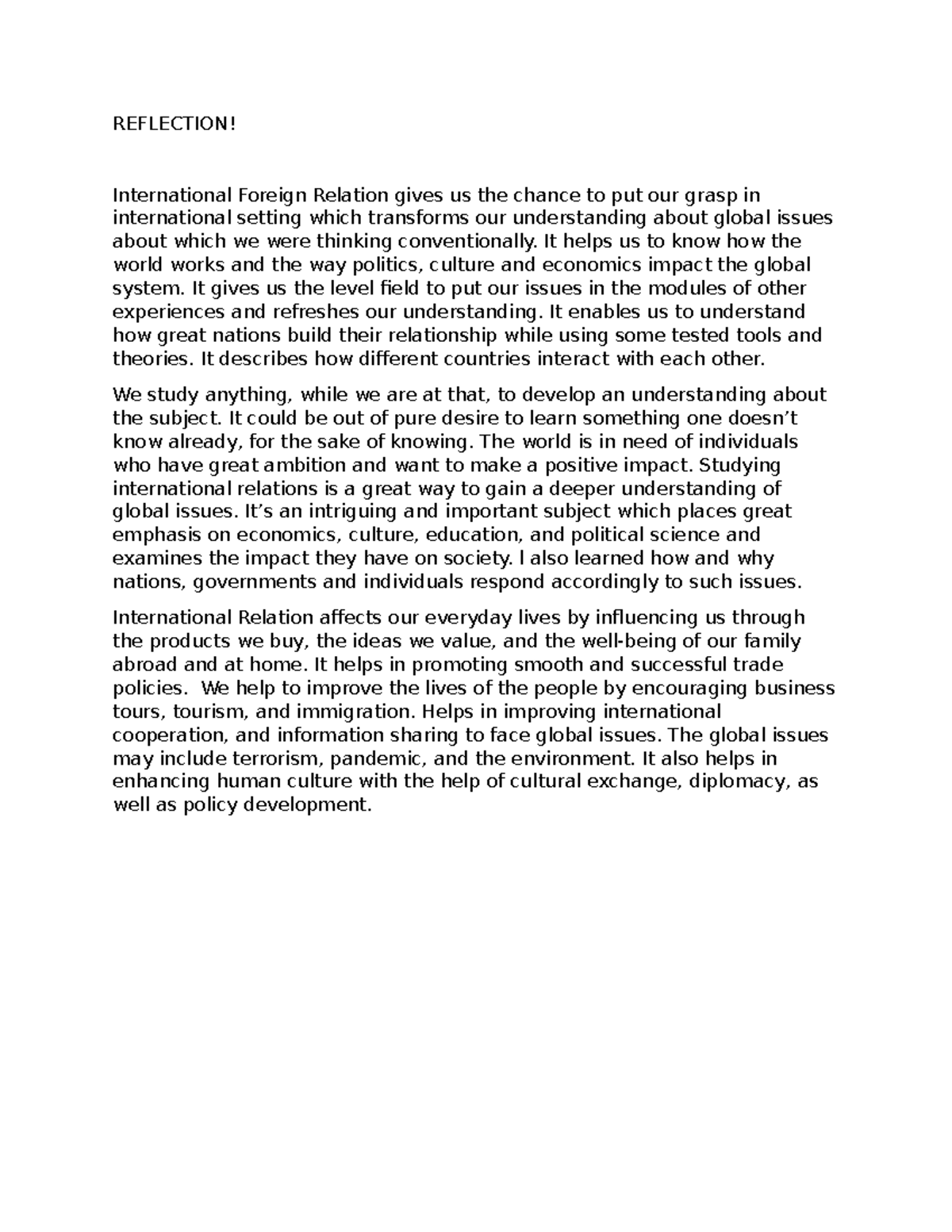 International Foreign Relation Reflection Activity - REFLECTION! International Foreign Relation ...