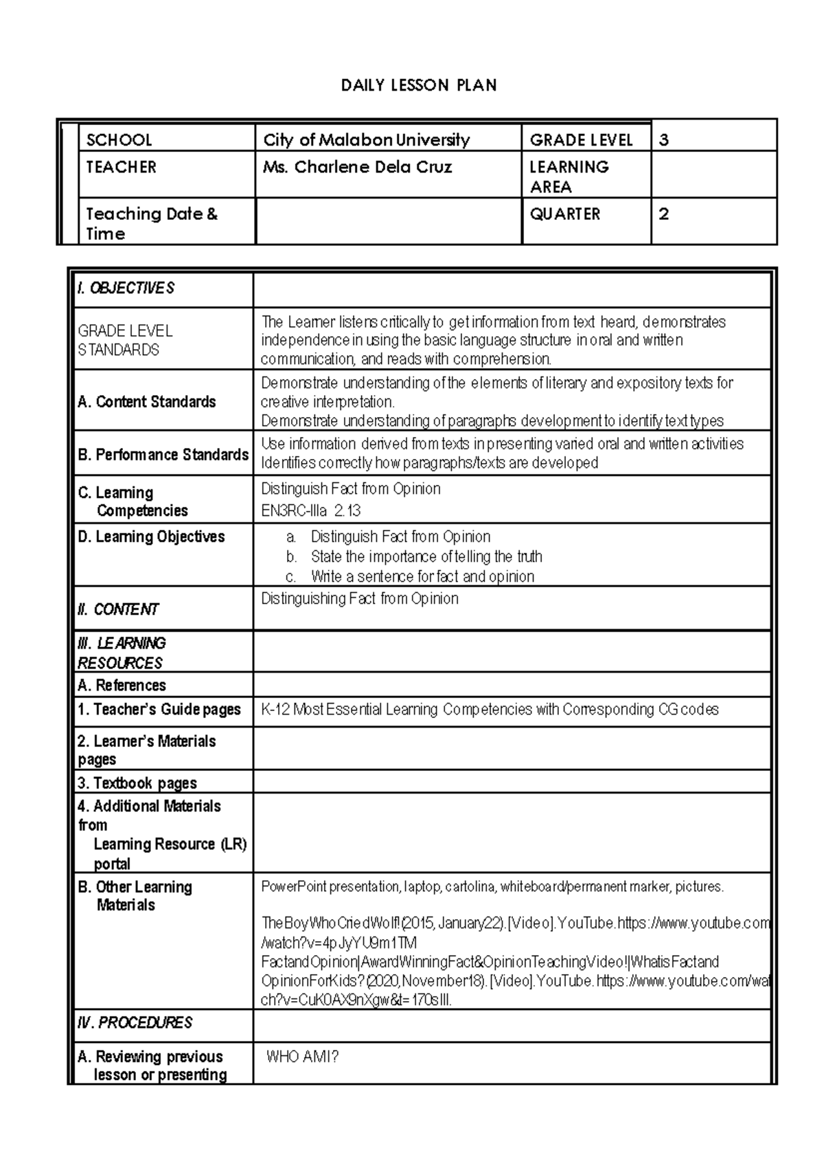 Semi-Detailed Lesson Plan for Grade 3: Distinguishing Fact vs. Opinion ...