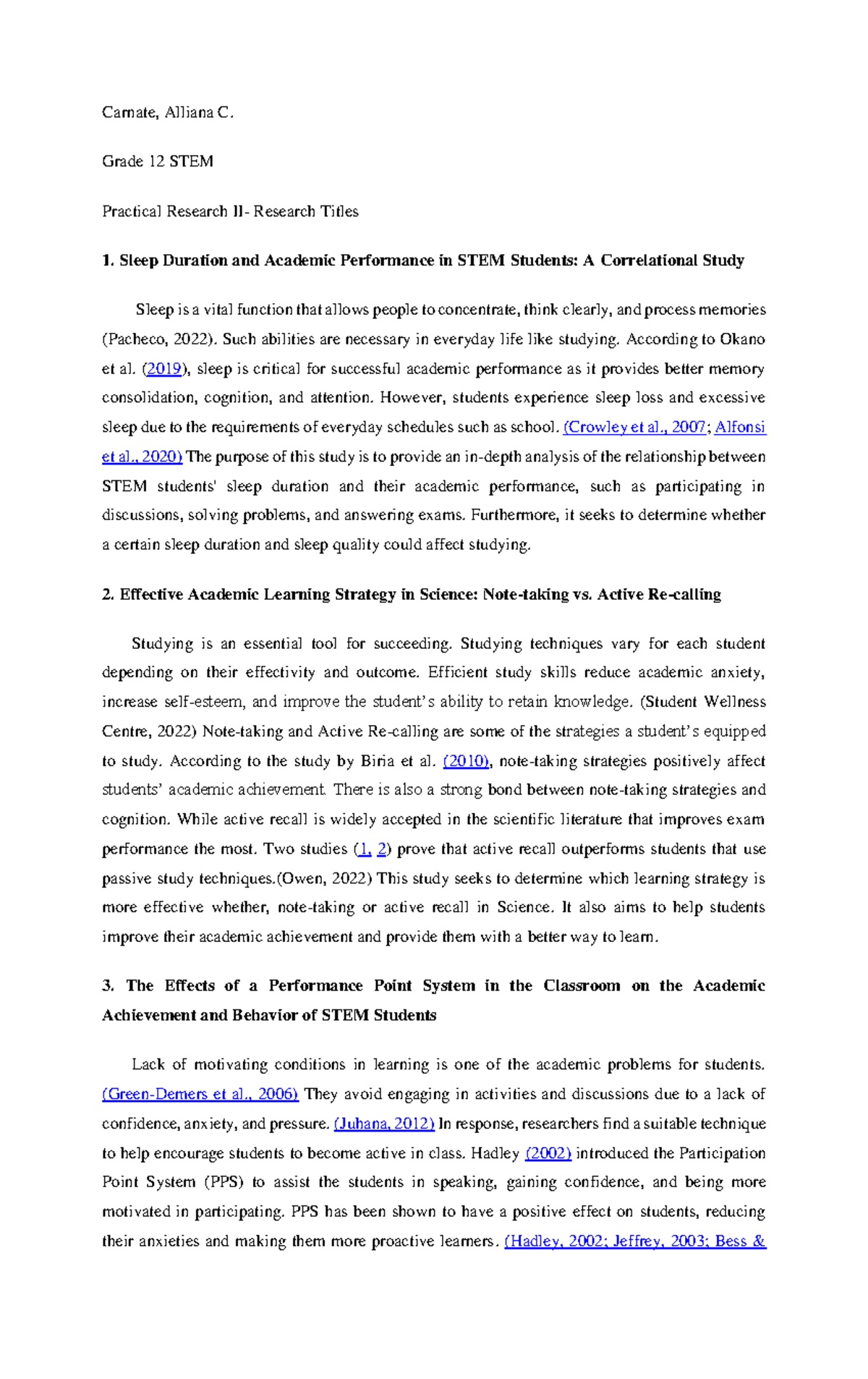 5 research titles - Carnate, Alliana C. Grade 12 STEM Practical ...