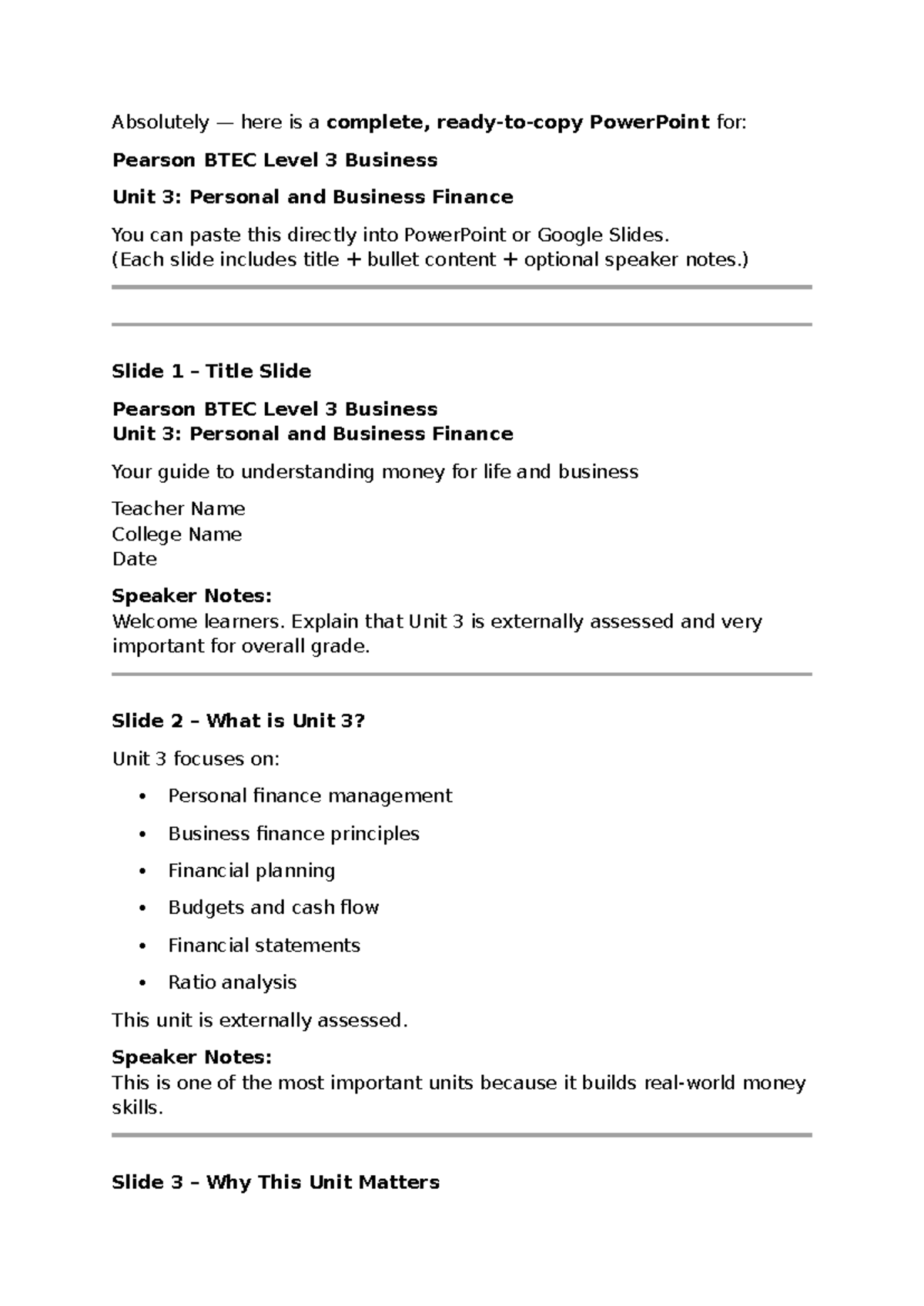 Pearson BTEC Level 3 Business Unit 3: Personal & Business Finance PPT ...