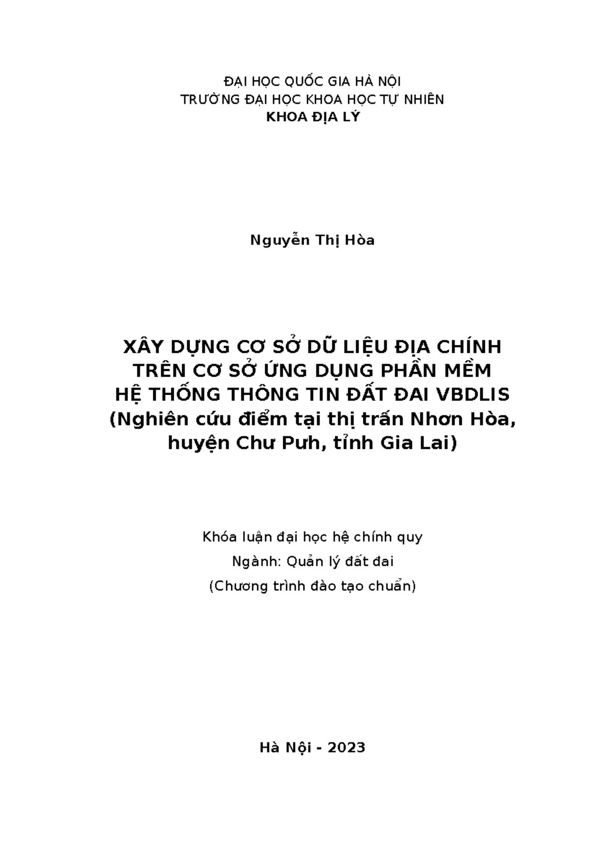 Khóa luận ĐHCQ: Xây dựng CSDL Địa chính trên phần mềm VBDLIS tại Nhơn ...