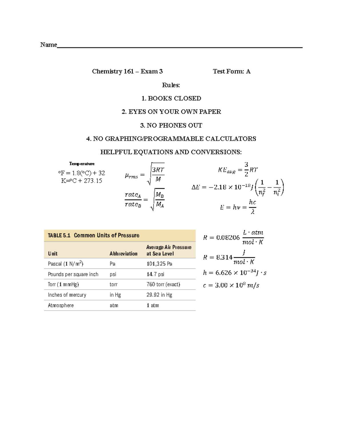 CHEM 161 - Exam 3 Test Form A: Key Questions and Concepts Review - Studocu