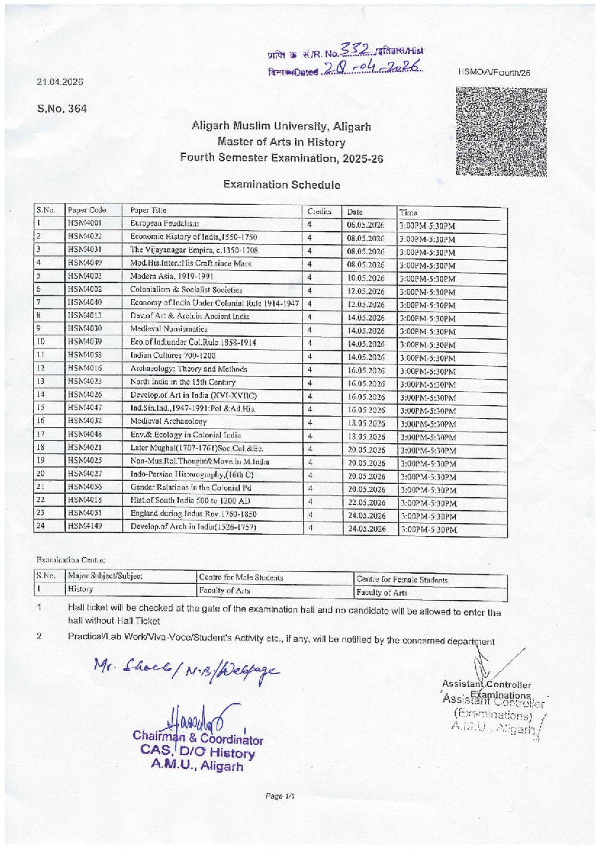 Final Exam Date Sheet - MA History (HSIV4001) South Indian History ...