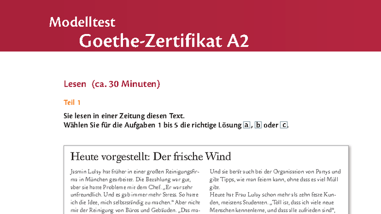 Modelltest A2: Arbeitsblatt für das Goethe-Zertifikat DAF - Studocu