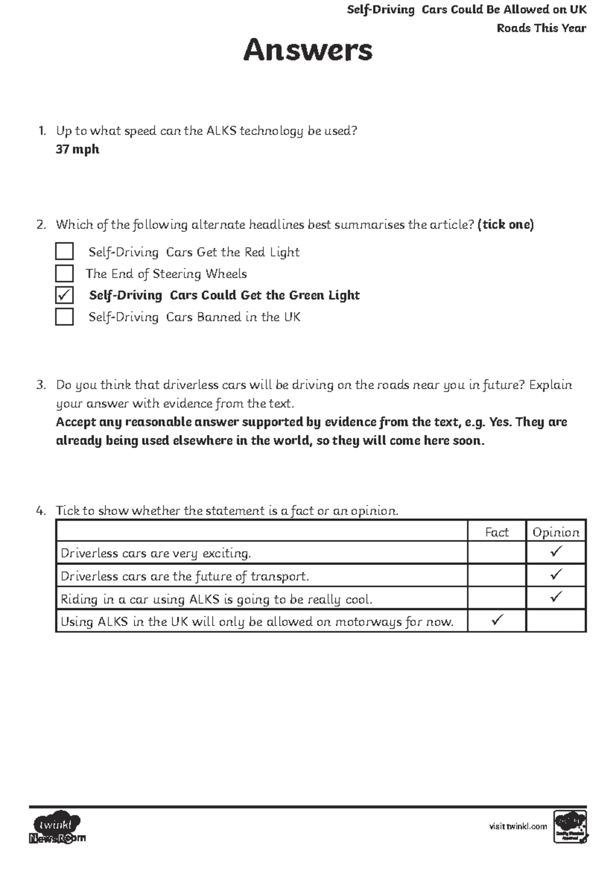 Self Driving Cars on UK Motorways - LKS2 Answers 1b - Studocu