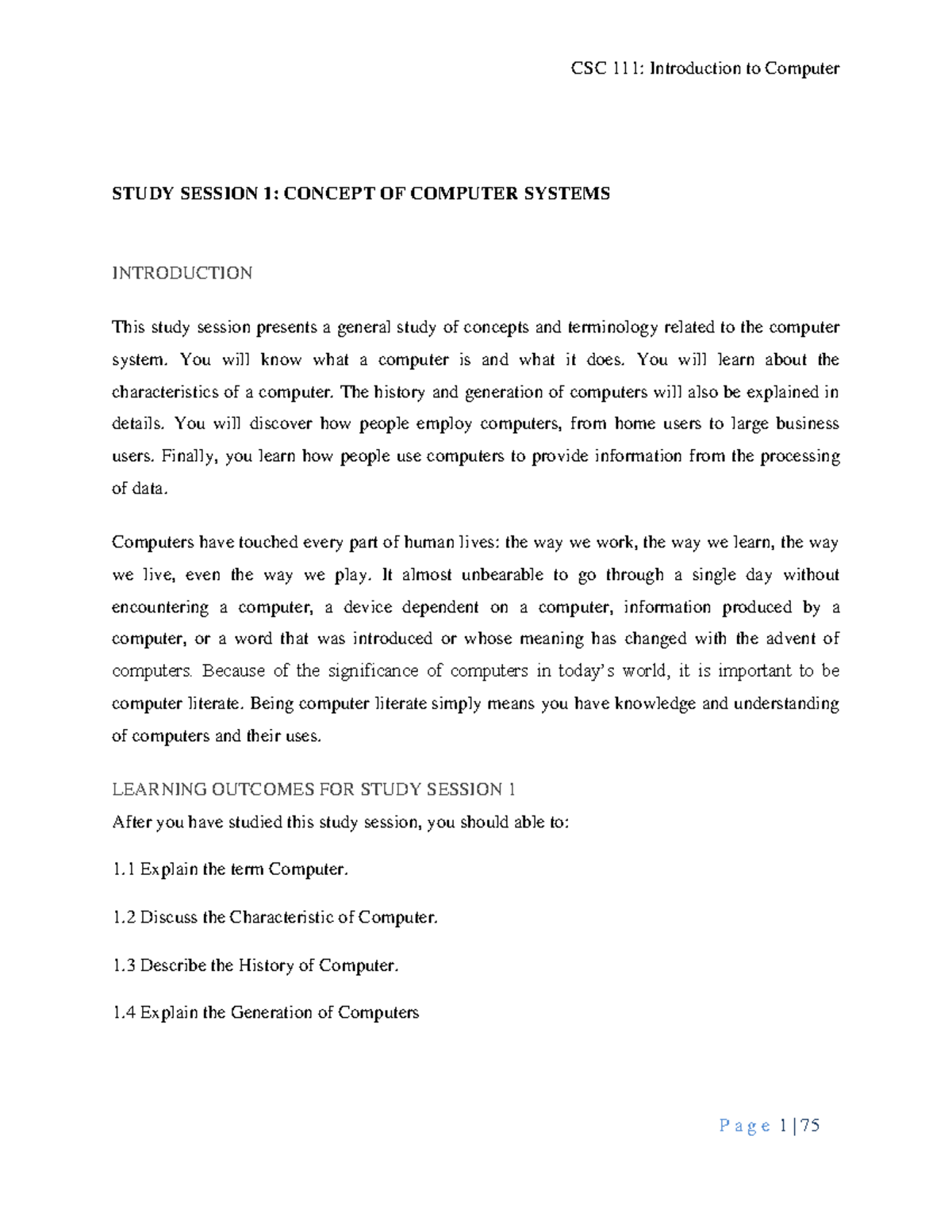 CSC 111 Course Material-1 - STUDY SESSION 1: CONCEPT OF COMPUTER ...