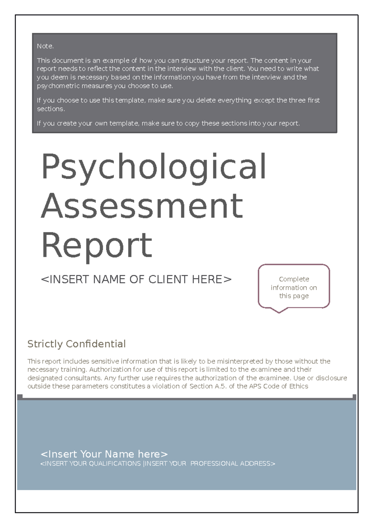 Case report template-3 - Psychological Assessment Report Note. This ...