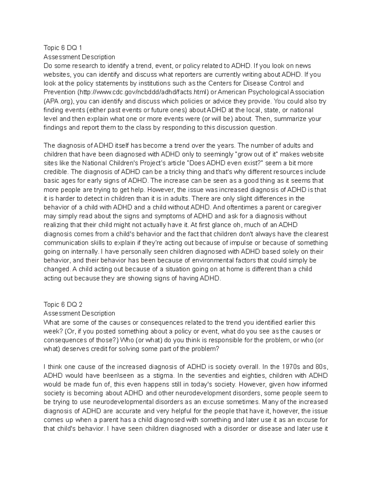 Eng 105 Wk 6 - Discussion Questions on ADHD Trends and Policies - Studocu