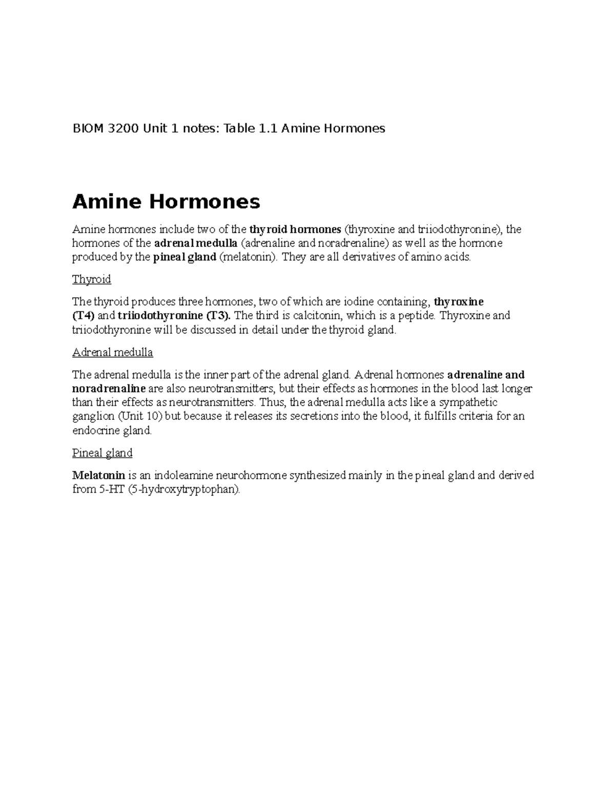 BIOM 3200 Unit 1 Notes: Overview of Amine Hormones - Studocu