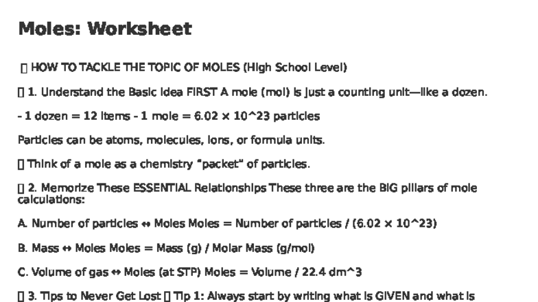 Moles: Worksheet on Understanding and Calculating Moles (HS Level ...