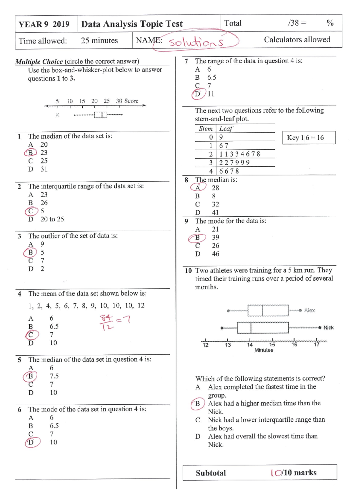 Year 9 2019 Data Analysis Topic Test Solutions - Studocu
