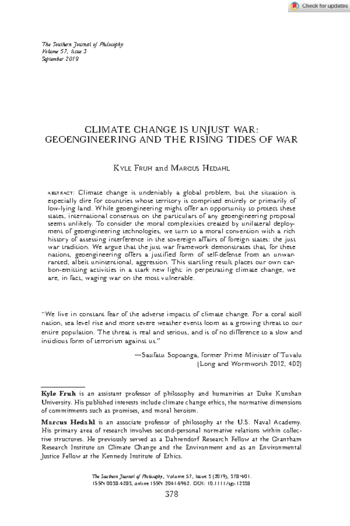 Climate Change as Unjust War: The Ethics of Geoengineering (PHIL 57 ...