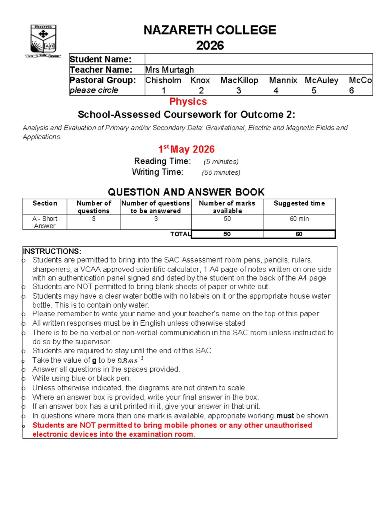 2026 U3 Physics O2 SAC: Analysis of Gravitational & Magnetic Fields ...