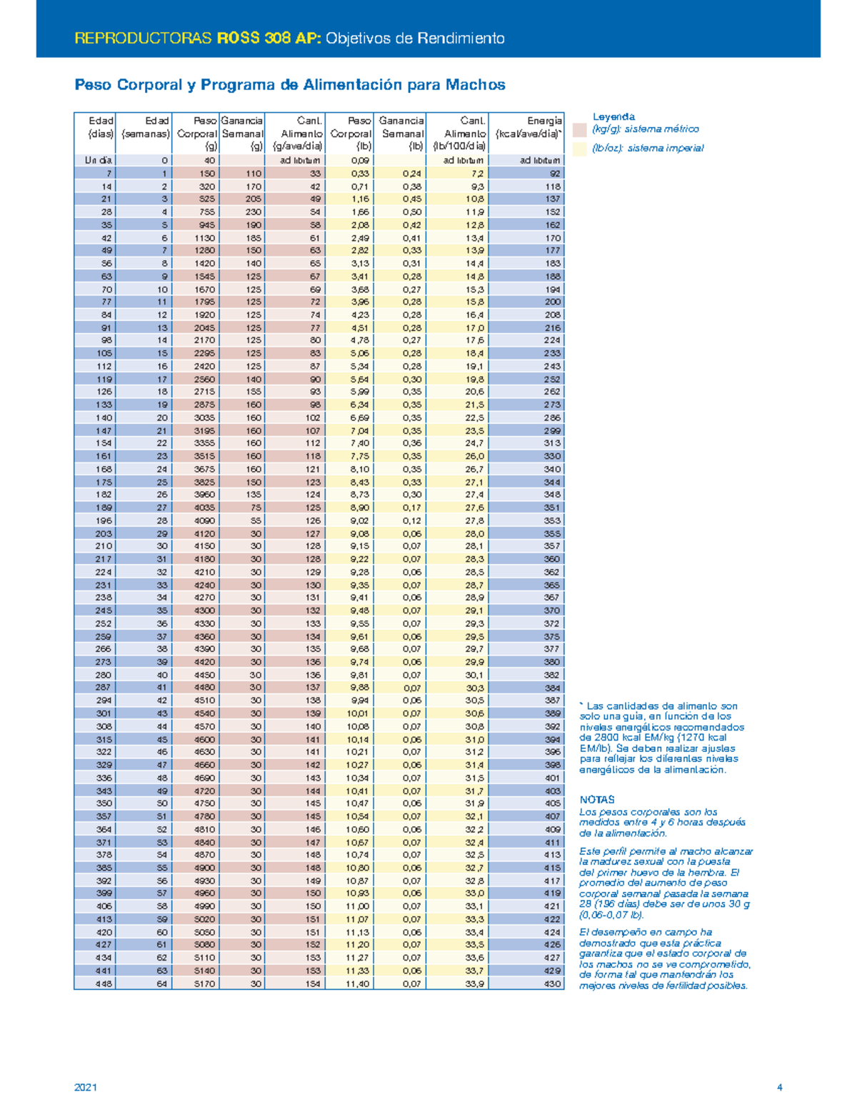 Rendimiento y Alimentación de Reproductoras ROSS 308 AP para Machos - Studocu