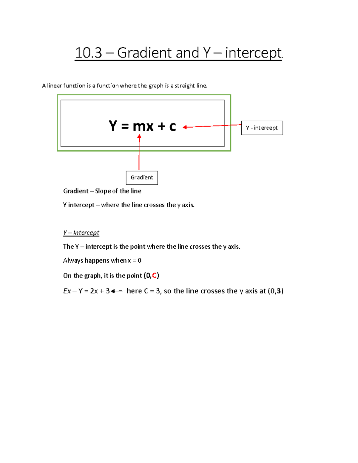 10.3 - Understanding Gradient and Y-Intercept in Linear Functions - Studocu