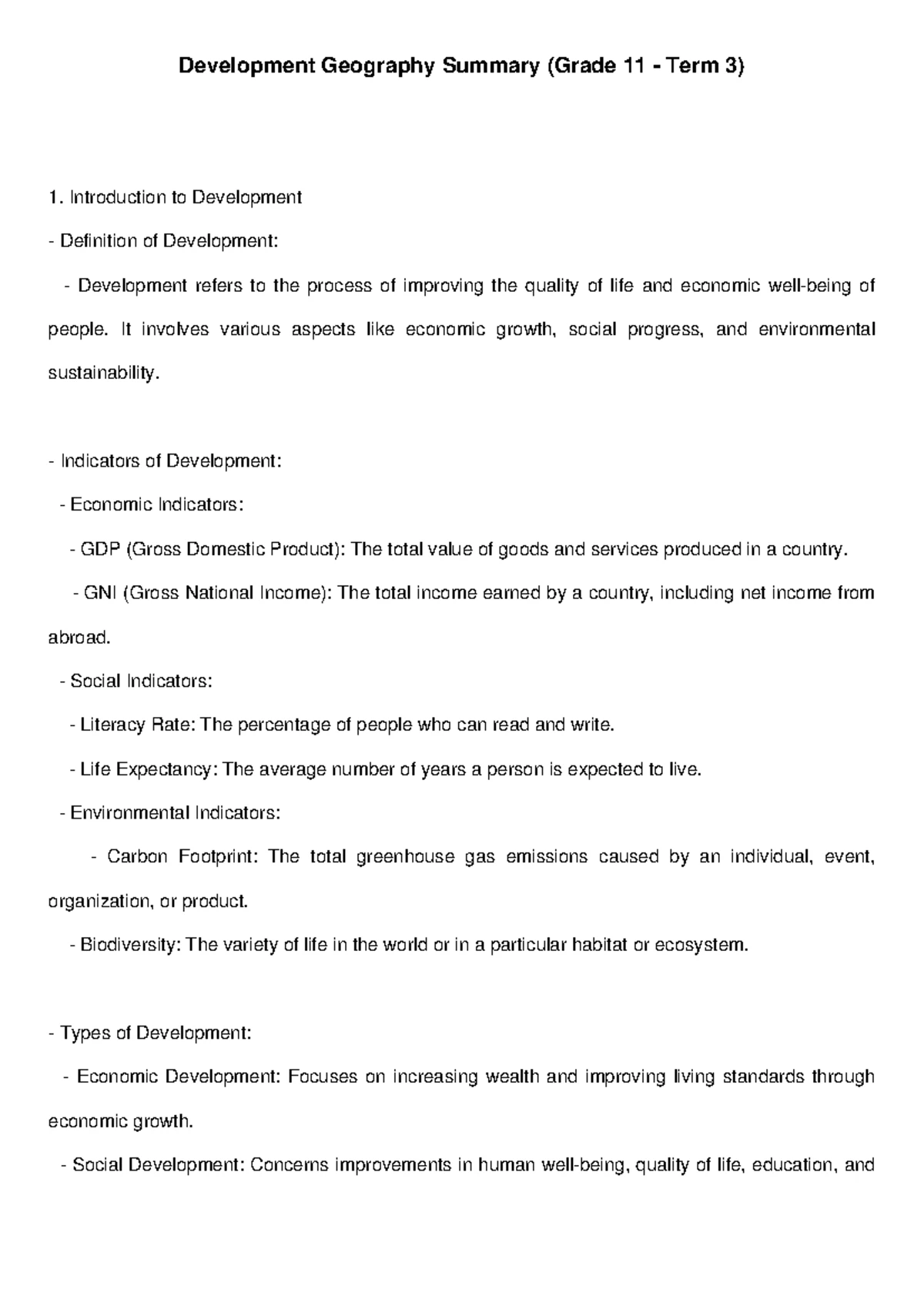 Development Geography Summary Grade 11 Term3 - Introduction to ...